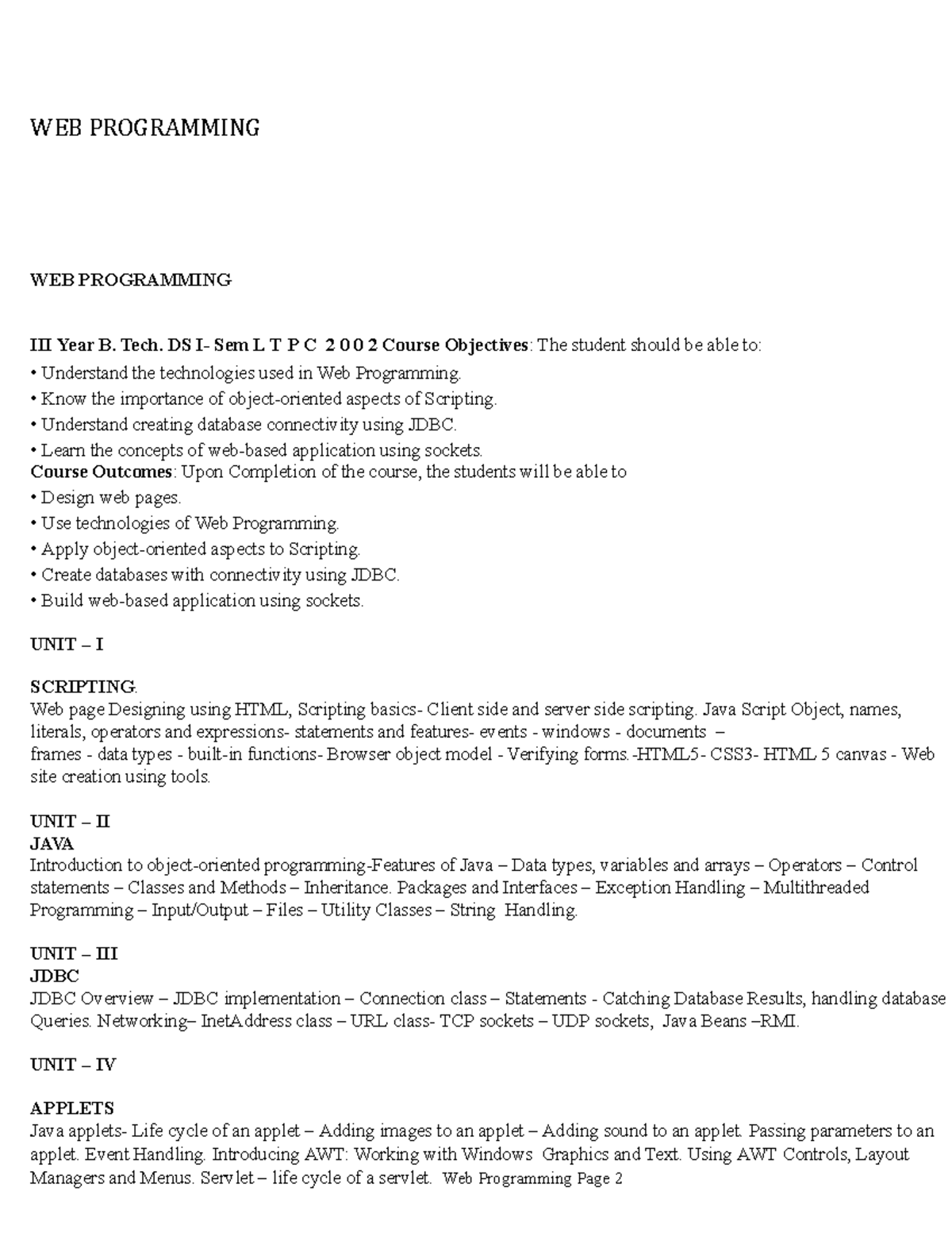 WEB PROGRAMMING (B. Tech. DS) - Course Overview and Key Concepts - Studocu