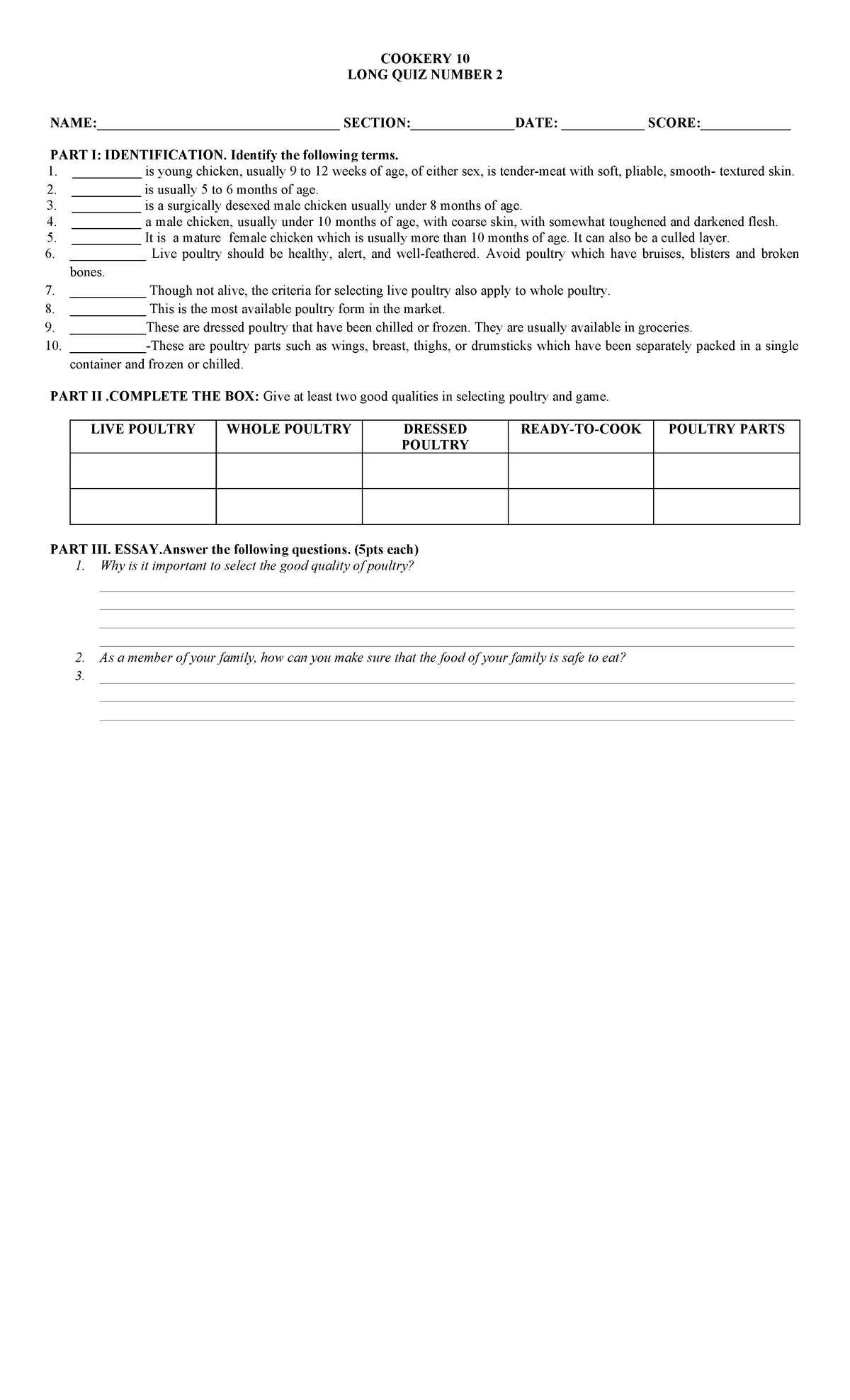 LONG QUIZ Number 2 - Long quiz - COOKERY 10 LONG QUIZ NUMBER 2 - Studocu