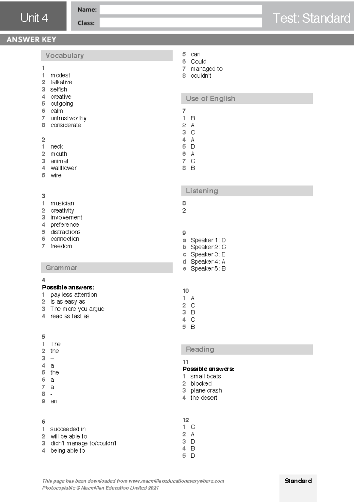 B2 U4 Test: Standard Vocabulary Answer Key - Studocu