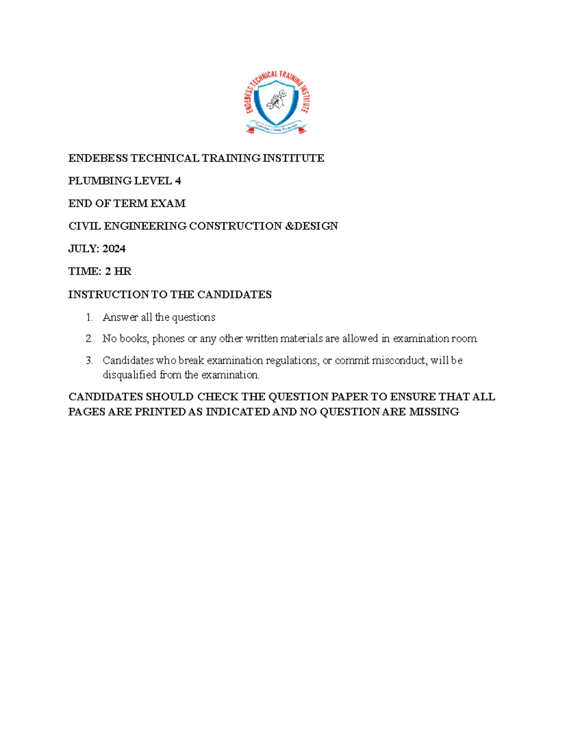 Plumbing Level 4 - End of Term Exam for Civil Engineering - Studocu