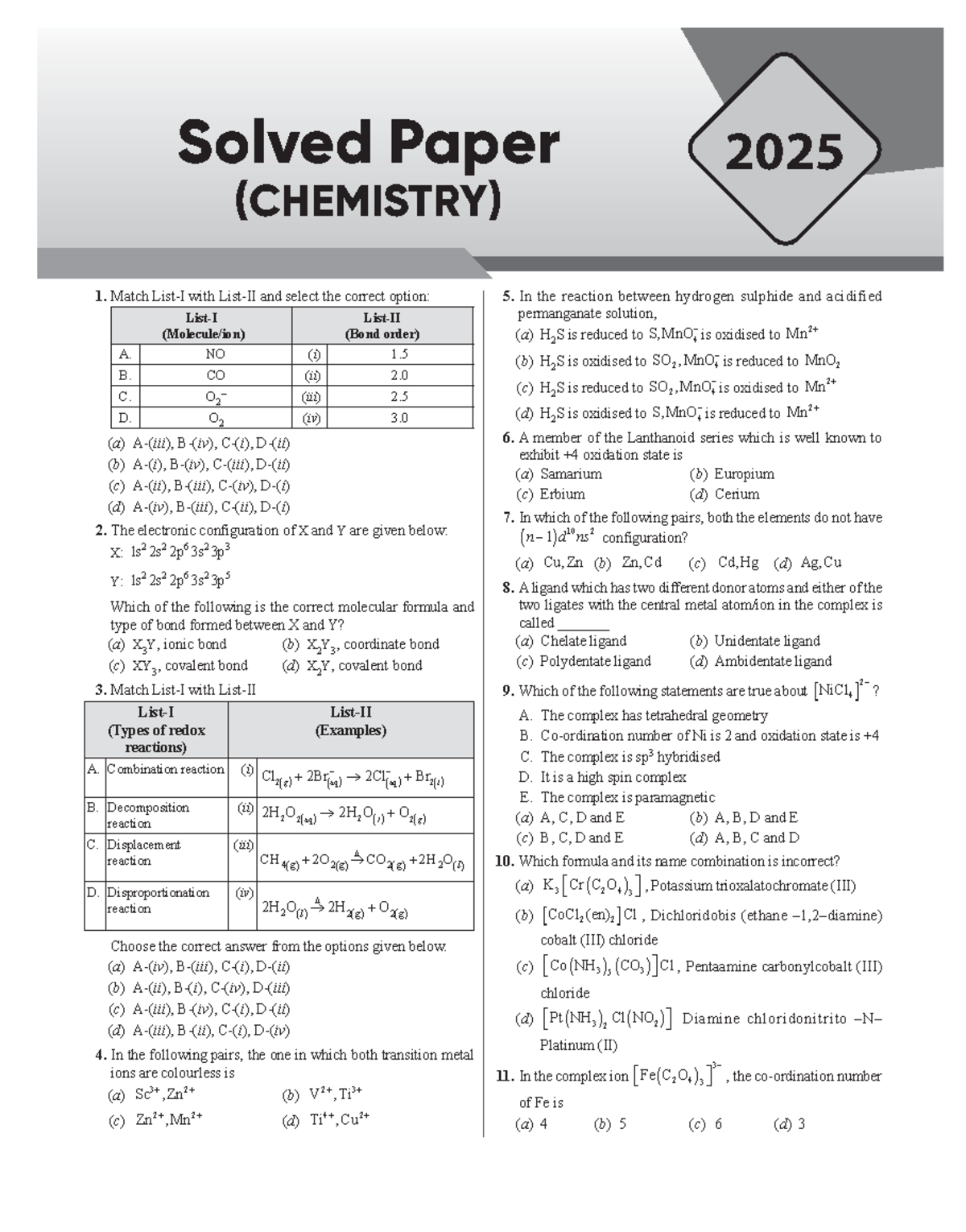 2025 Solved Paper (CHEMISTRY) - Comprehensive Exam Review - Studocu