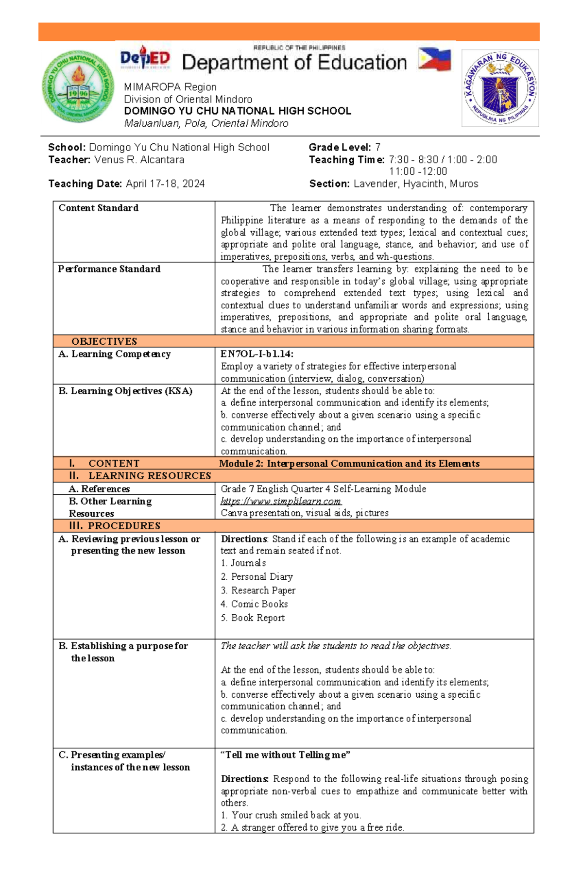 1LP Interpersonal Communication & Elements - Grade 7 English - Studocu