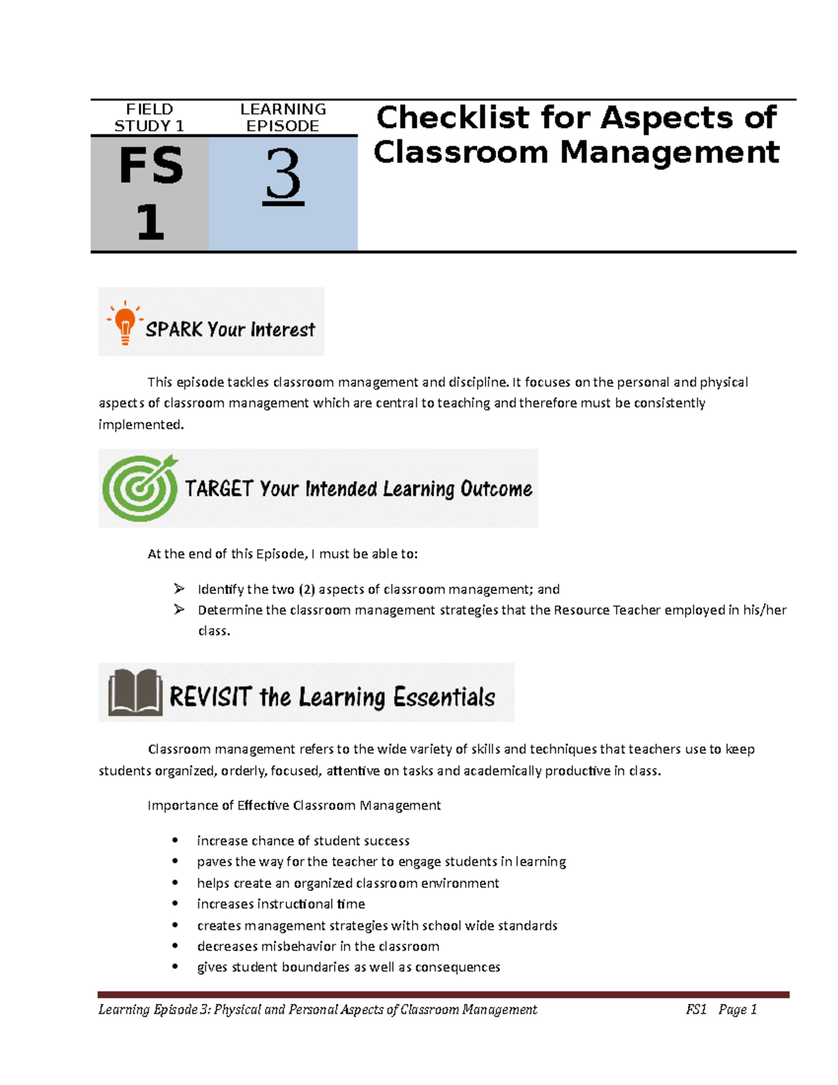 Field Study 1 E3 Classroom Management Checklist and Strategies - Studocu