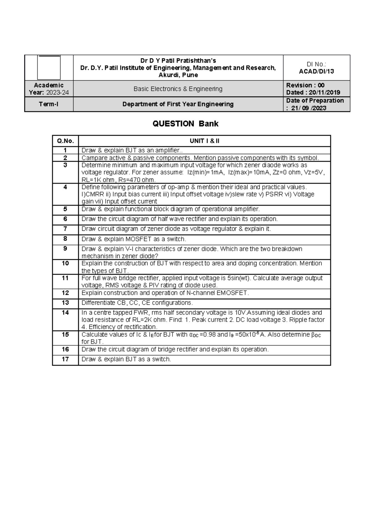Basic Electronics Engineering Question Bank (BE-101) - Studocu