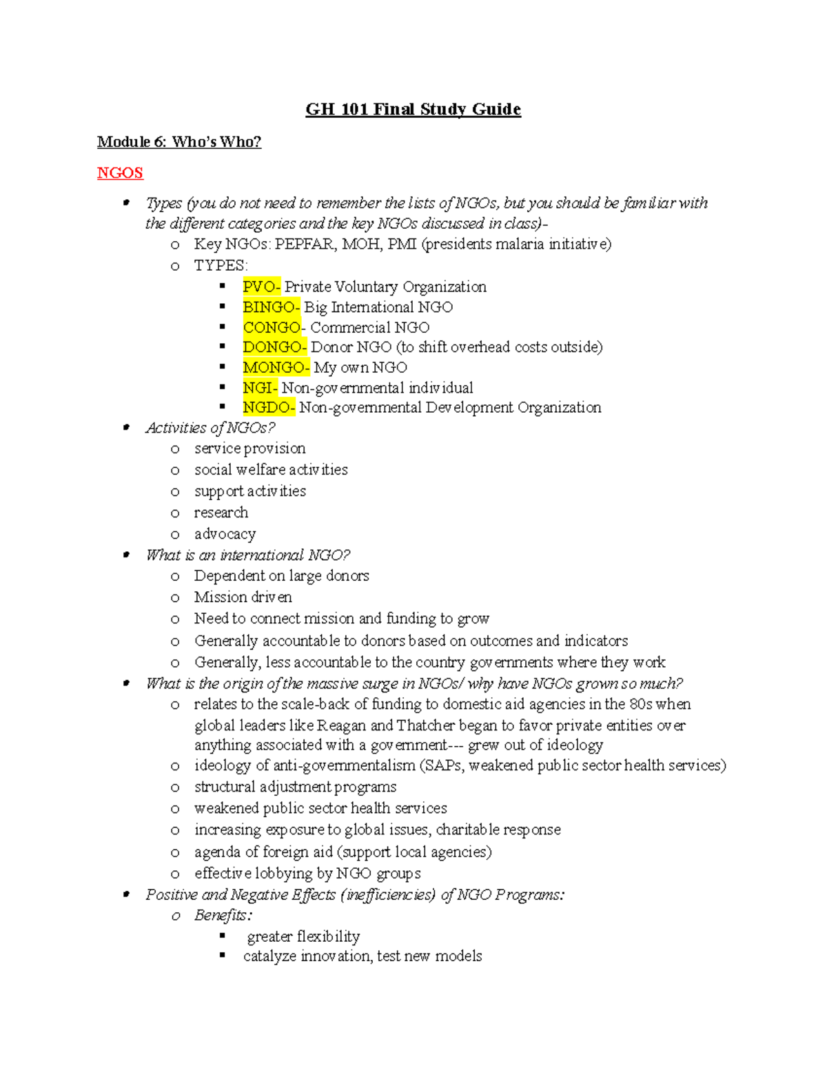 GH 101 Final Exam Study Guide: Key Concepts and NGO Impact - Studocu