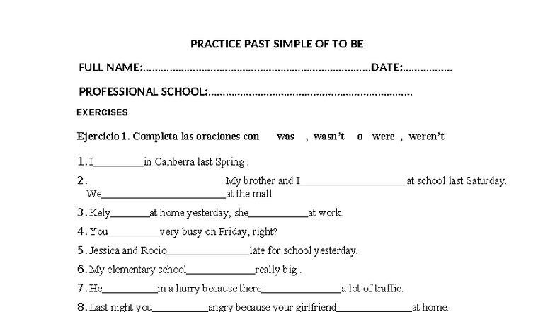 Ejercicios de Práctica: Pasado Simple de "To Be" - Studocu