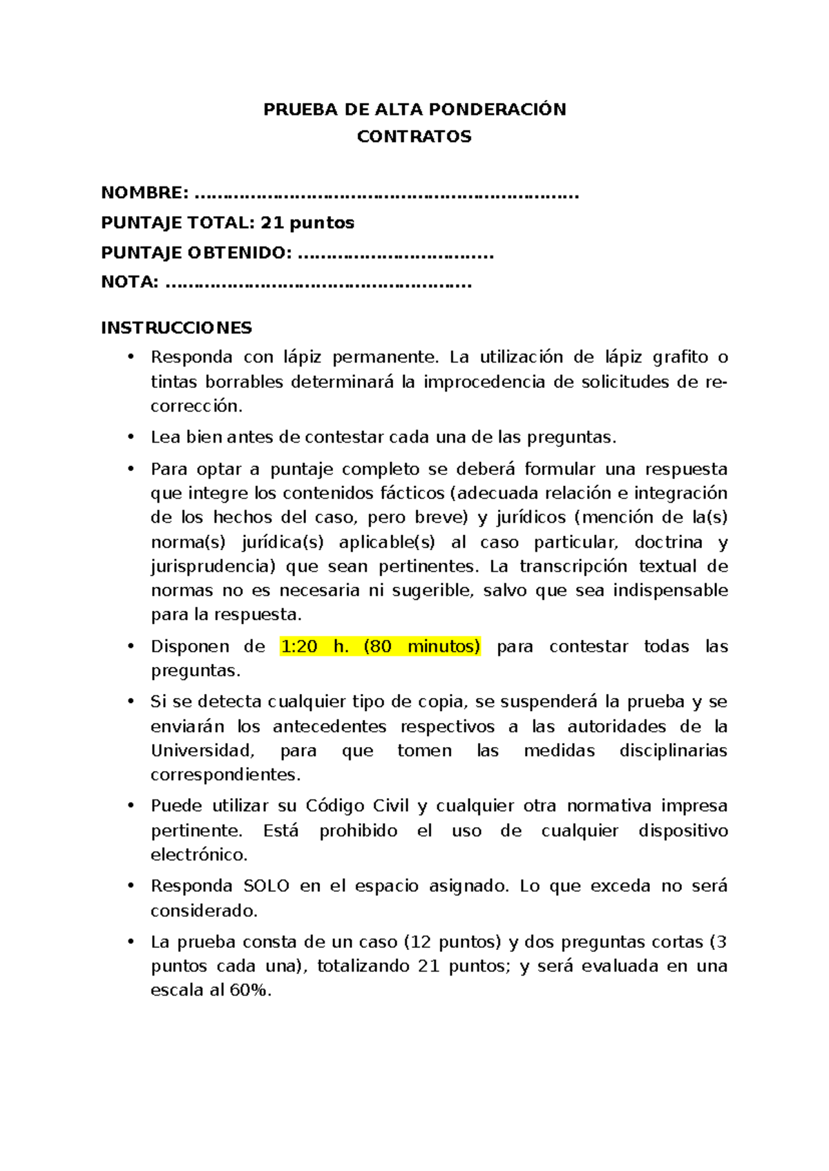 Pauta de Corrección: PRUEBA DE ALTA PONDERACIÓN - Contratos RVO 2026 I ...