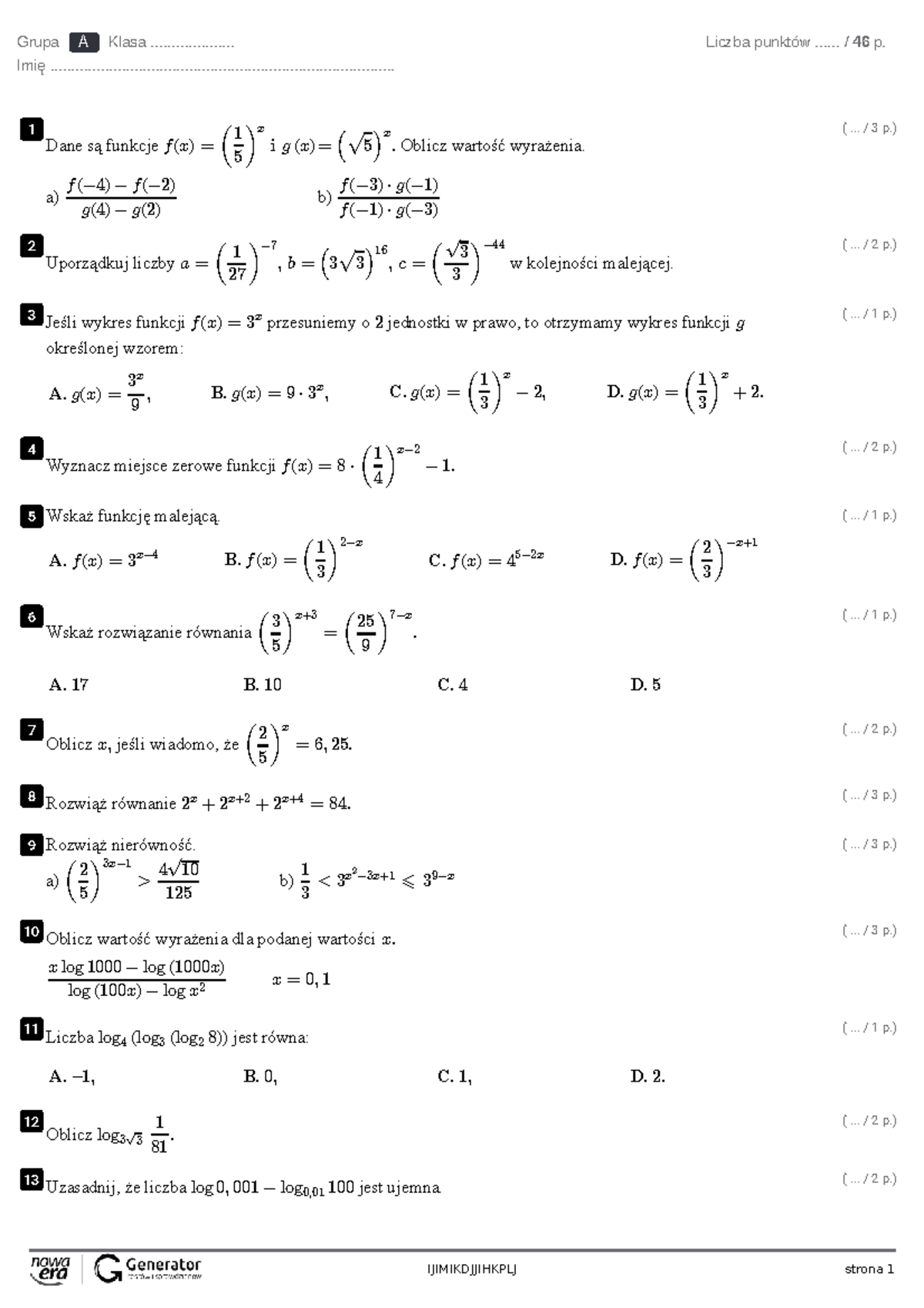 Funkcja wykładnicza i logarytmiczna - Test Ekowydruk (Grupa A) - Studocu