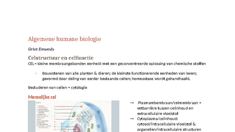 Algemene Humane Biologie 1: Celstructuur en Functies - Studocu