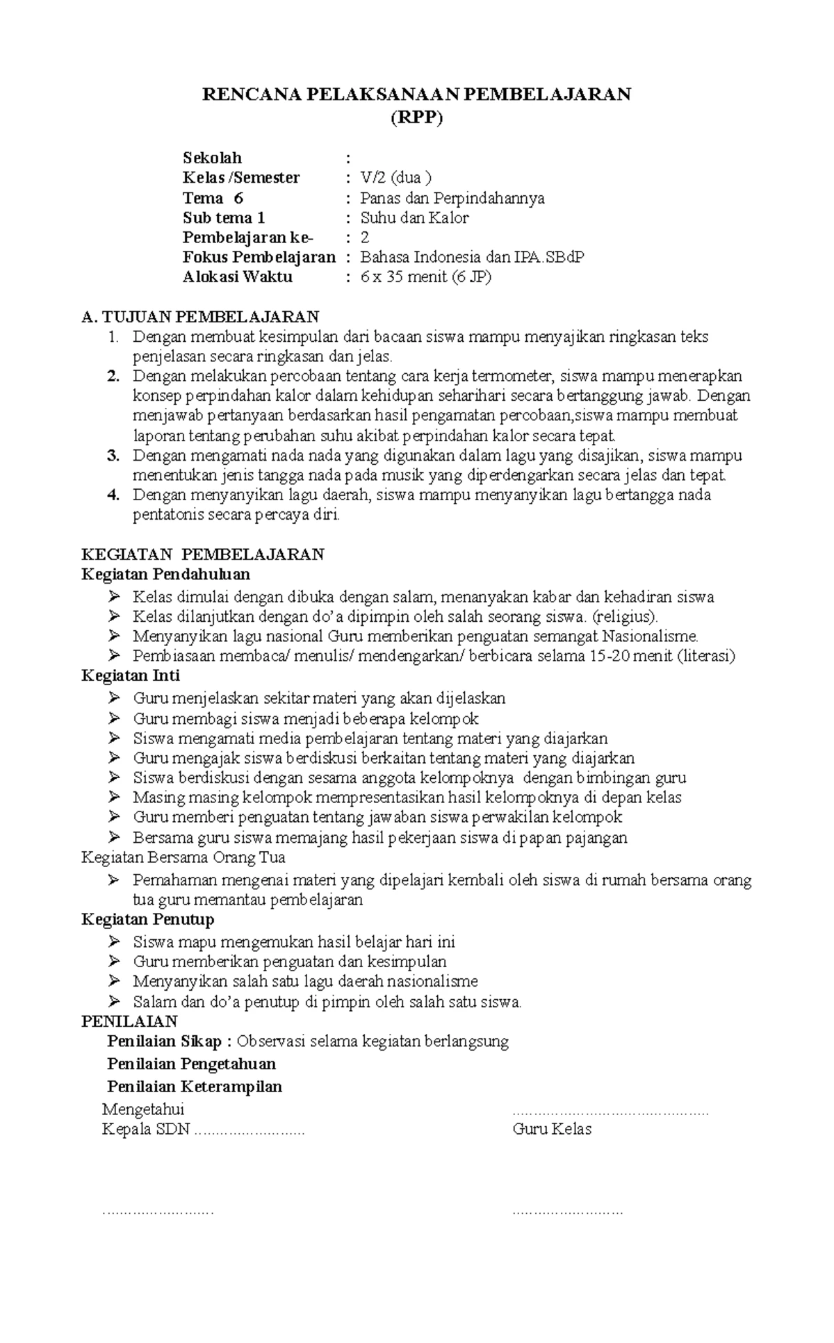 Contoh RPP untuk satu kali pertemuan - RENCANA PELAKSANAAN PEMBELAJARAN ...