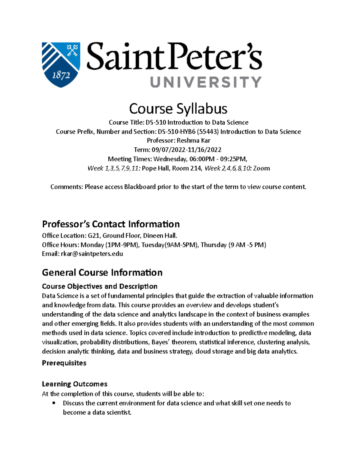 DS-510 Syllabus: Introduction to Data Science Course Overview - Studocu