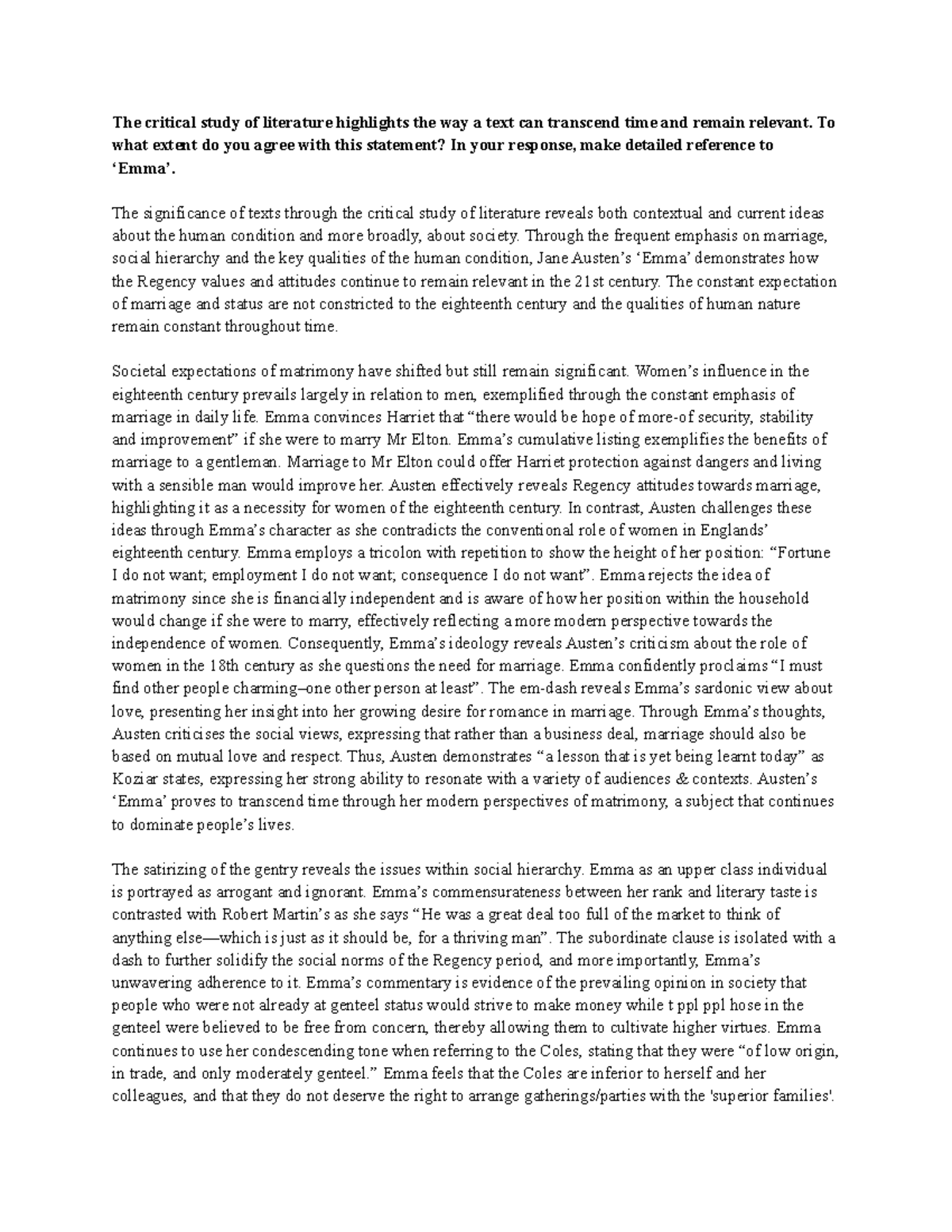 Assessment 3 - Emma - Module B - Critical Literature Study Essay - Studocu