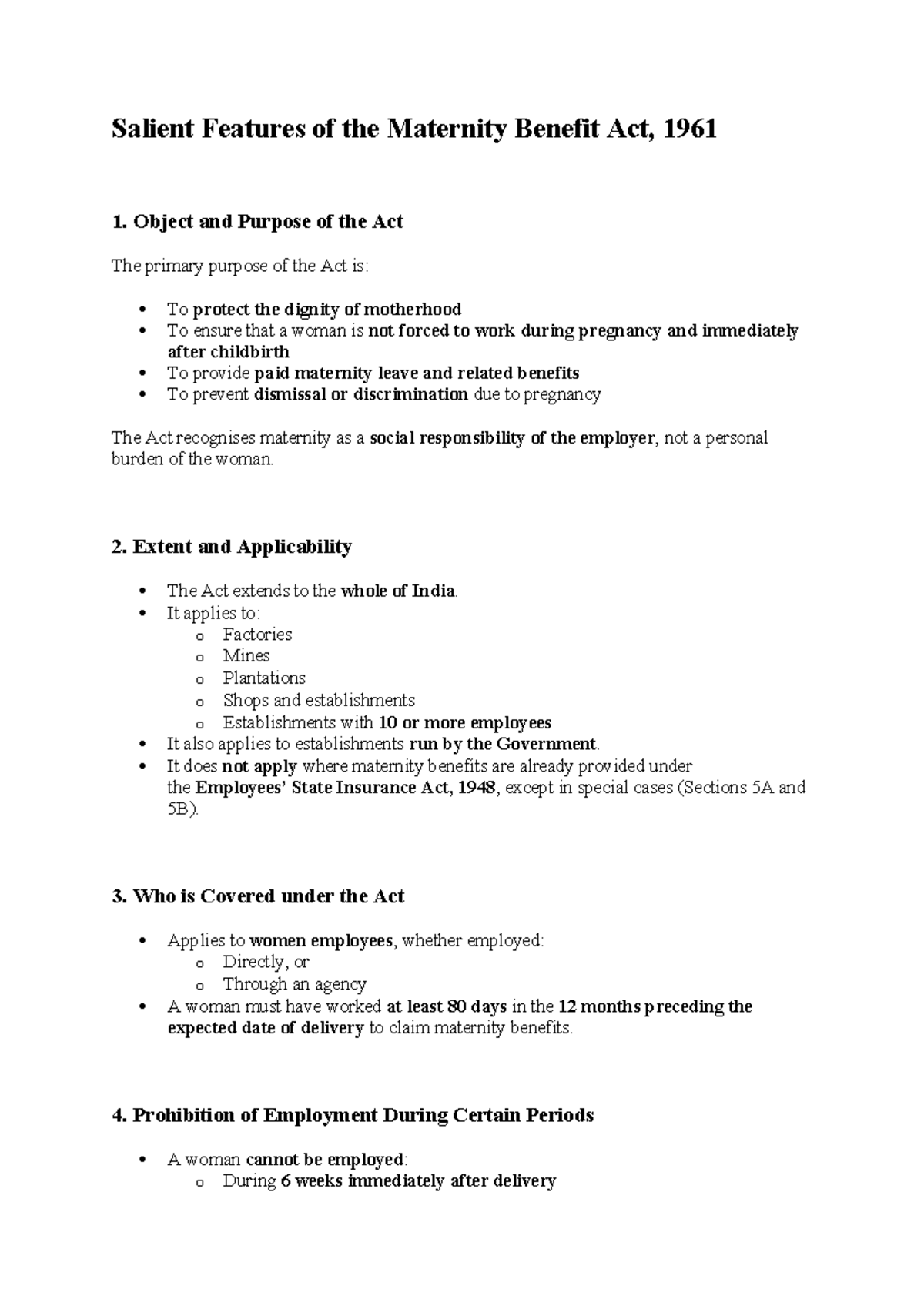 Salient Features of the Maternity Benefit Act, 1961: Key Insights - Studocu