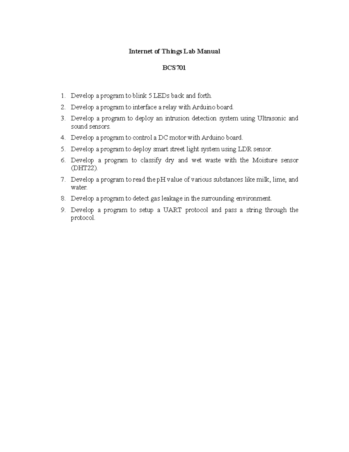IoT Lab Manual BCS701: Arduino Projects & Experiments - Studocu