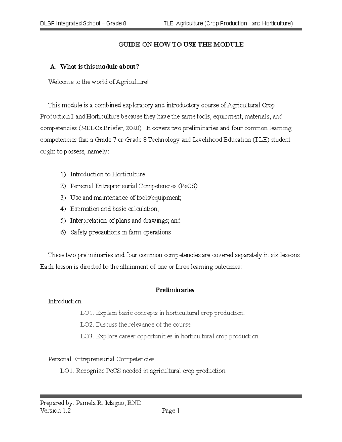 TLE Grade 8 Agriculture Module 1: Introduction to Horticulture and Crop ...