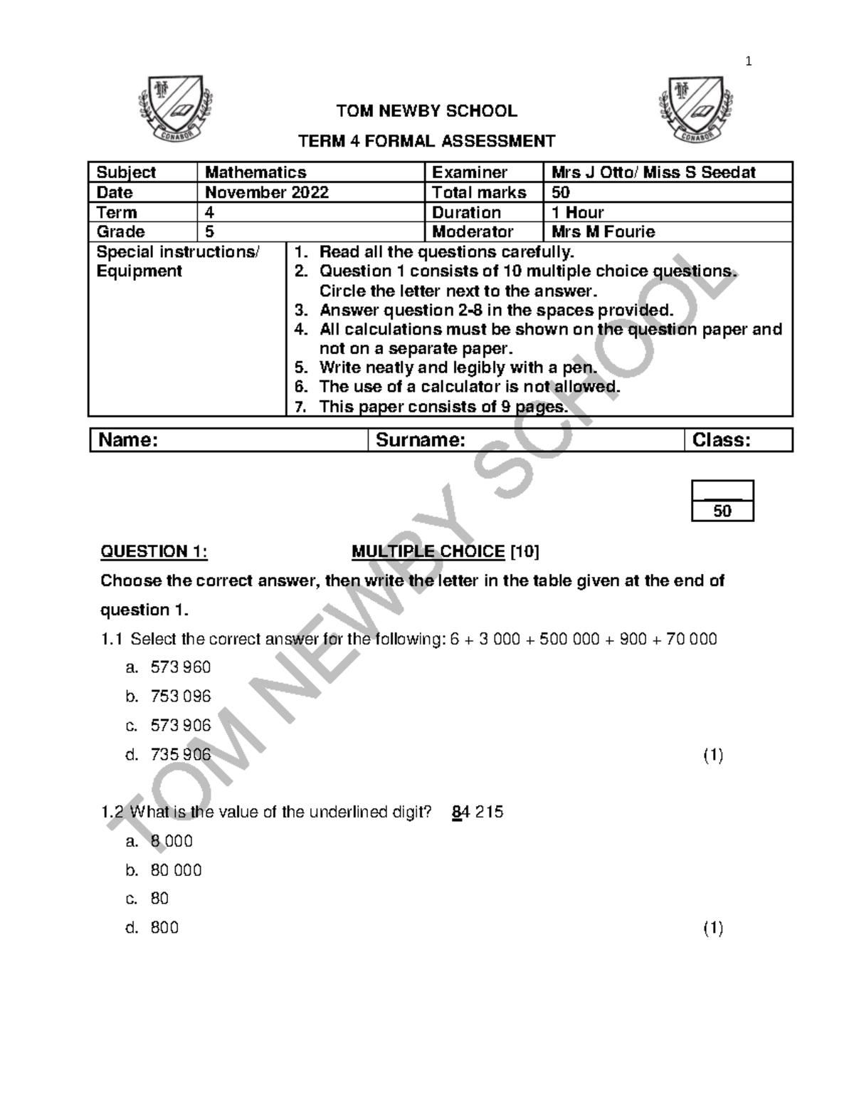 Grade 5 Mathematics Term 4 Assessment November 2022 - Studocu