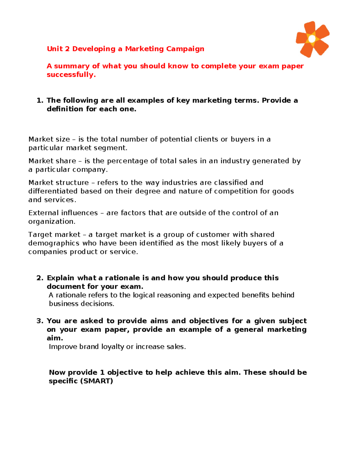 Work book revision questions based on exam - Unit 2 Developing a ...