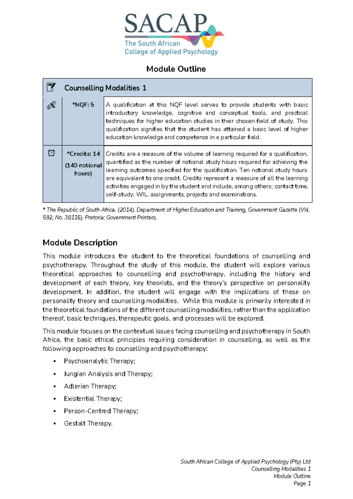 Counselling Modalities 1 MO - Module Overview and Learning Outcomes ...