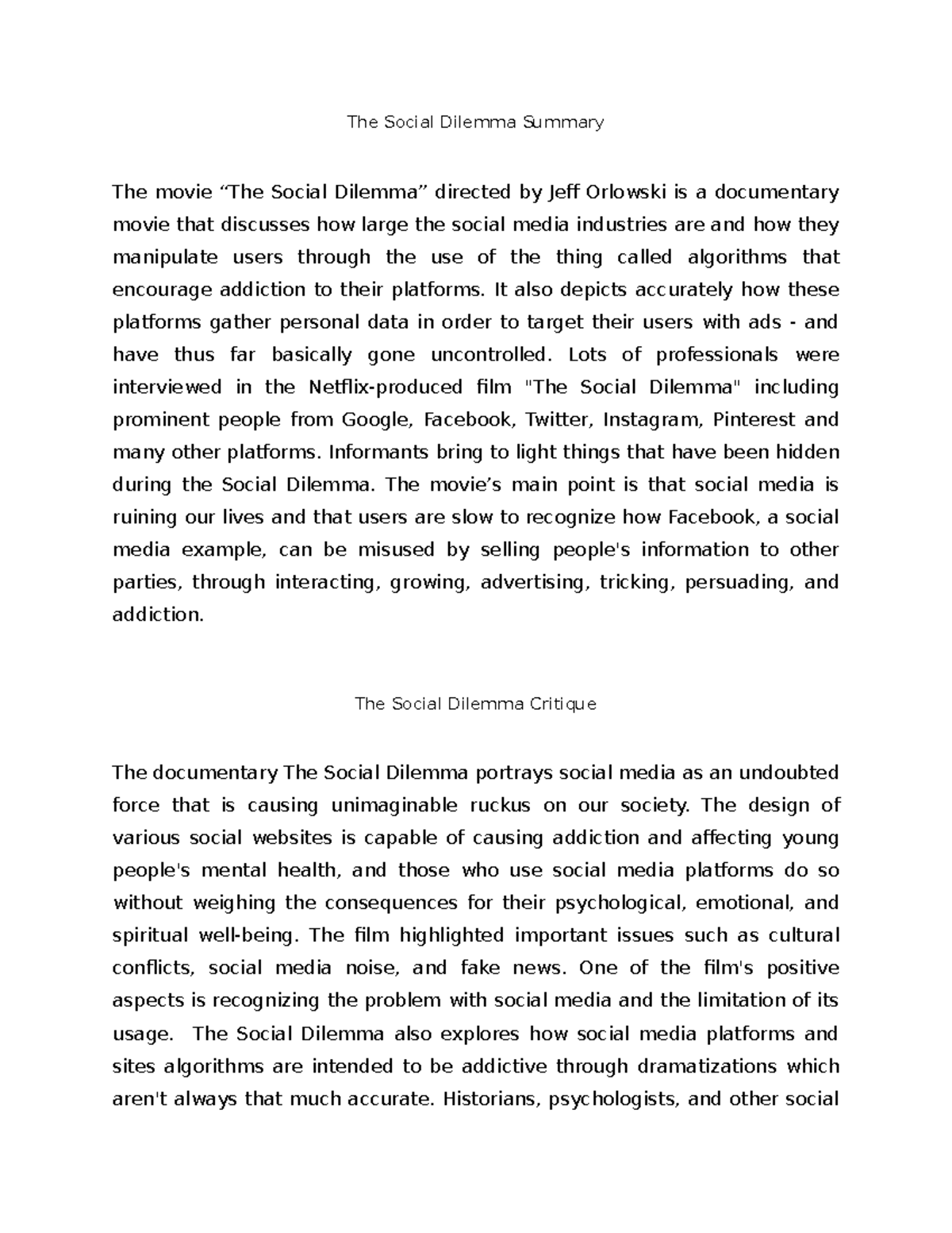 SOC-201: The Social Dilemma Film Summary & Critical Analysis - Studocu