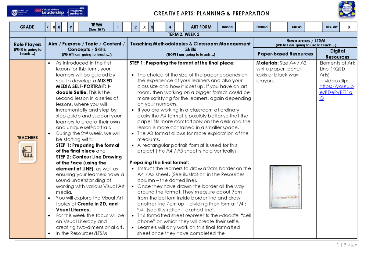 Lesson Plan Gr7 Creative Arts Visual Art T2 W2: Mixed Media Self ...