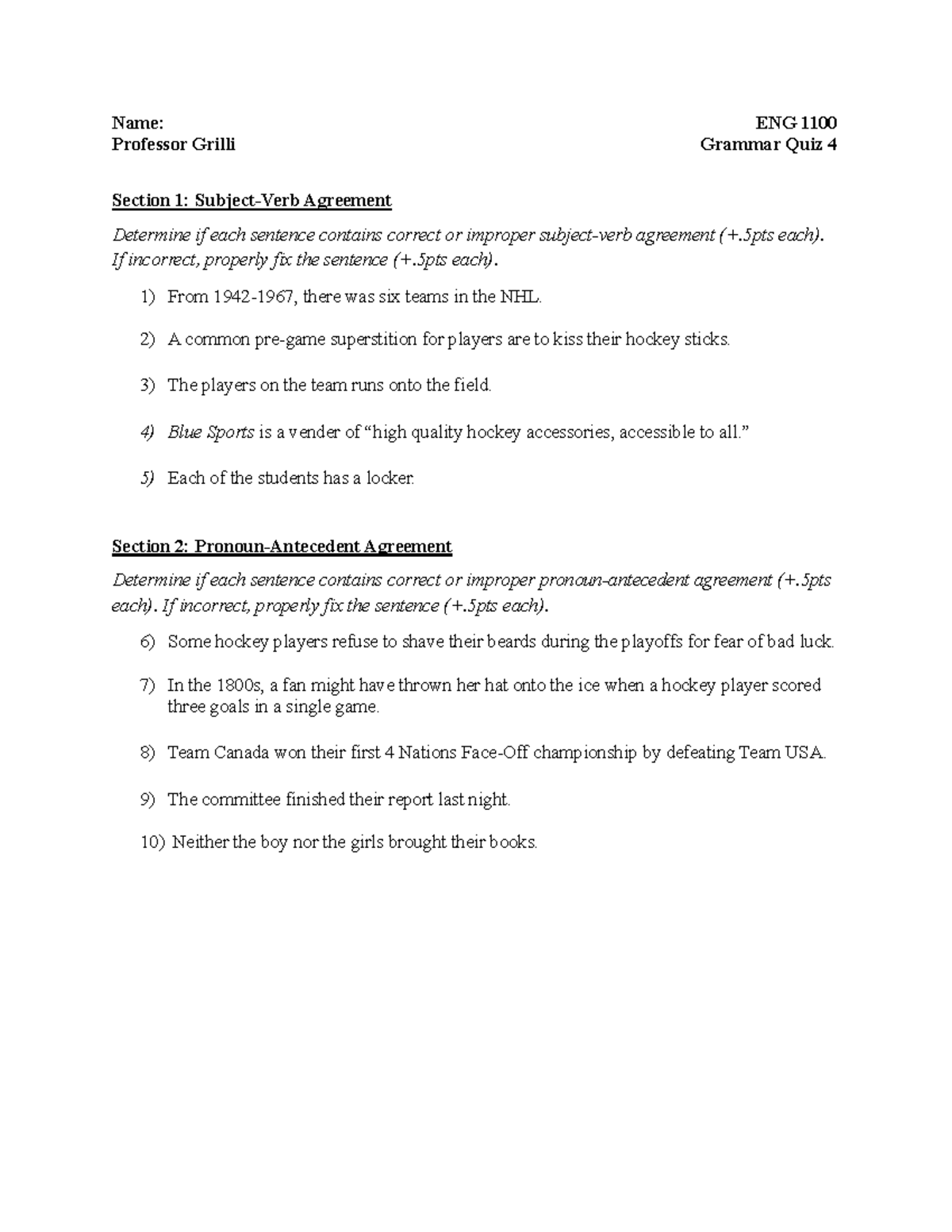 ENG 1100 Practice Grammar Quiz 4: Agreement Analysis - Studocu