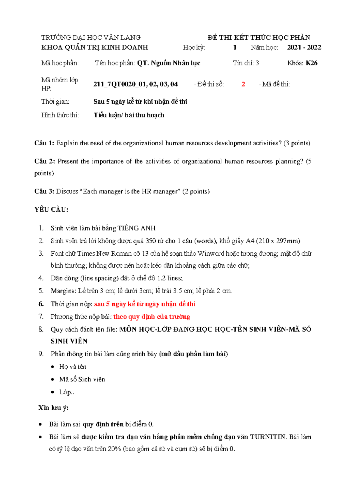 7QT0020 QT Nguon NHAN LUC K26DB Tieul De 1 - TRƯỜNG ĐẠI HỌC VĂN LANG ĐỀ ...
