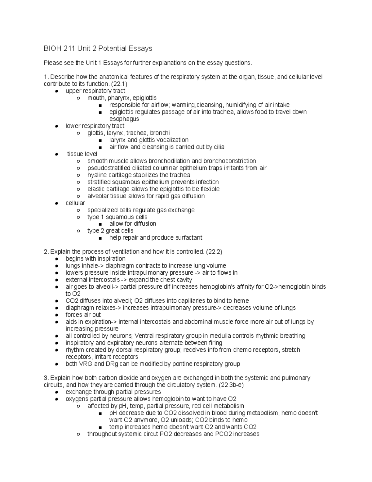 BIOH 211 Unit 2 Essay Topics & Potential Questions for Review - Studocu