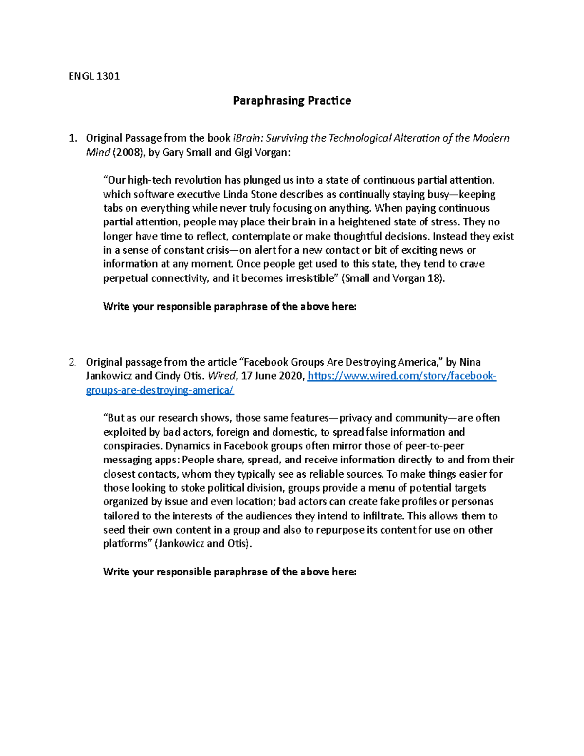 Paraphrasing Practice 1 - ENGL 1301 Paraphrasing Practice Original ...