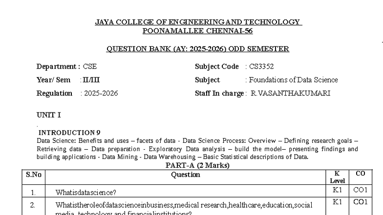 CS3352 - Question Bank for Foundations of Data Science (Odd Sem) - Studocu