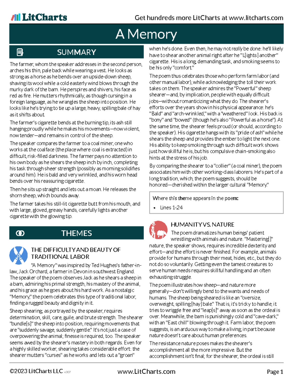 LitCharts: A Memory - Analysis of Ted Hughes' Poem on Farm Labor - Studocu