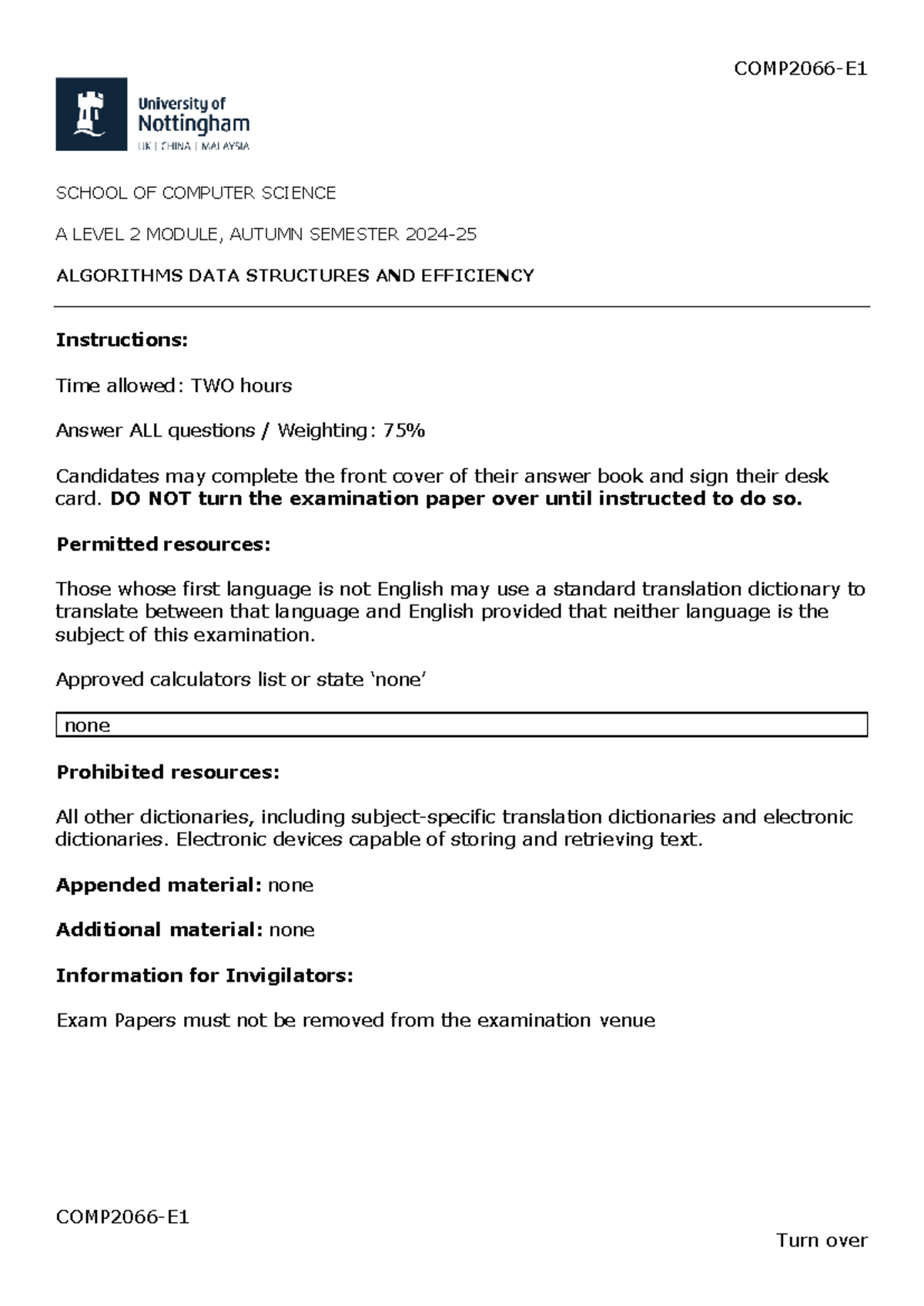COMP2066 - A Level 2 Algorithms & Data Structures Exam Guide - Studocu