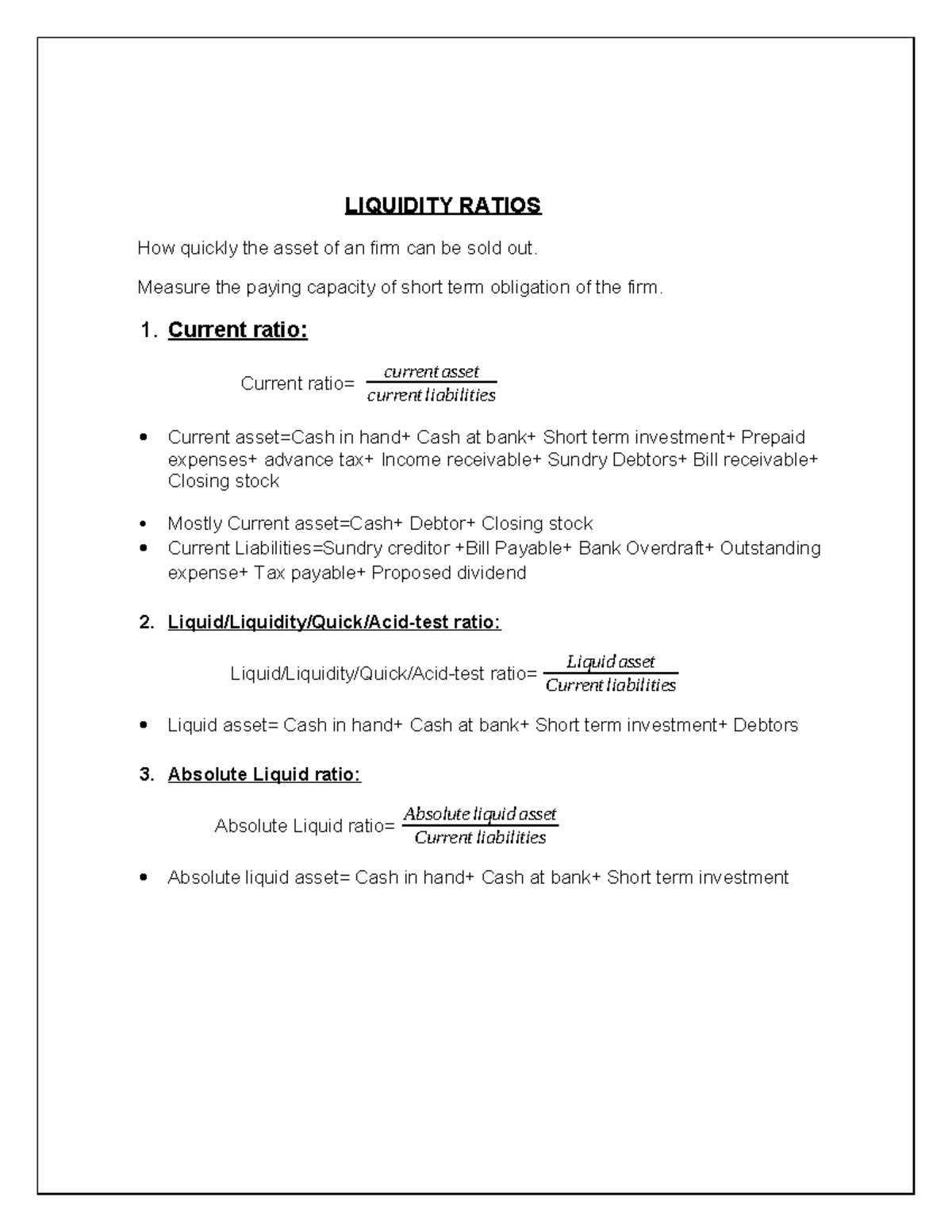 Accounting Notes: Liquidity & Solvency Ratios Analysis - Studocu