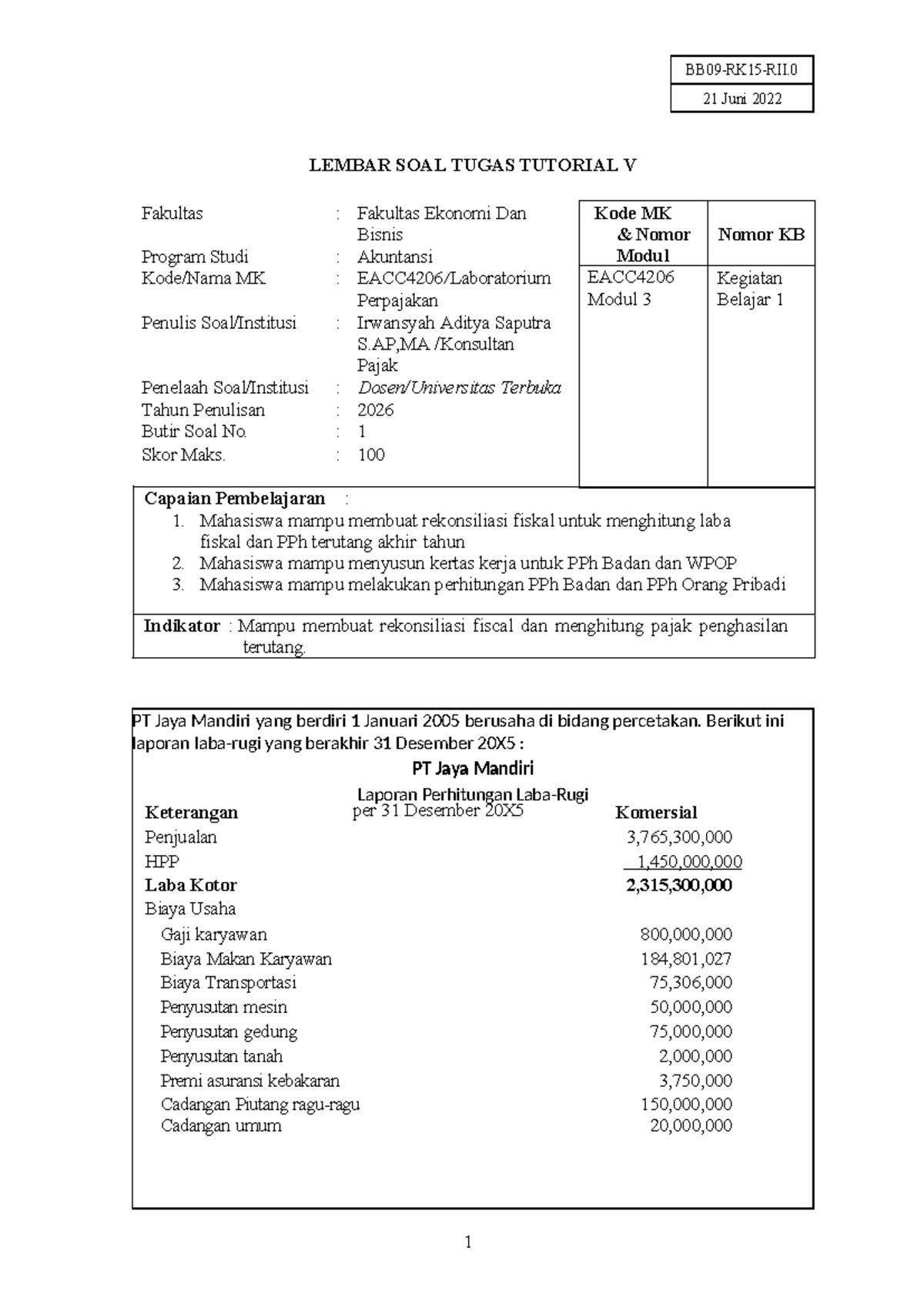Tugas 5: LAB Perpajakan EACC4206 - Rekonsiliasi Fiskal dan PPh - Studocu