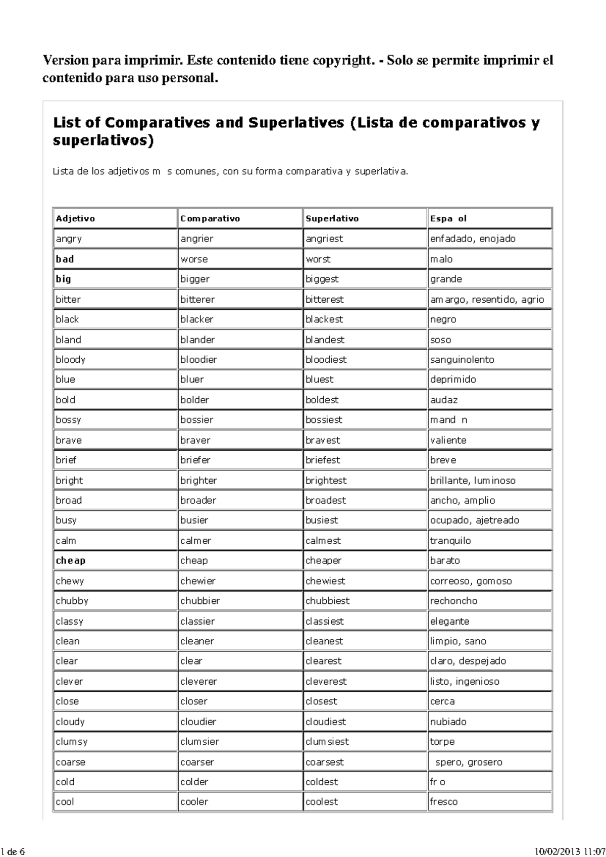 Lista de Comparativos y Superlativos - Español (1 de 6) - Studocu