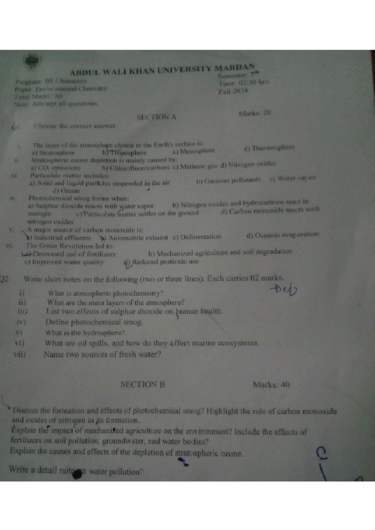 7ᵗʰ Semester BS Chemistry Papers - Environmental Chemistry & Organic ...