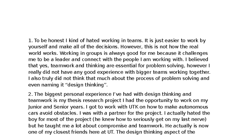 Reflection on Teamwork and Design Thinking - HW 1 - Studocu