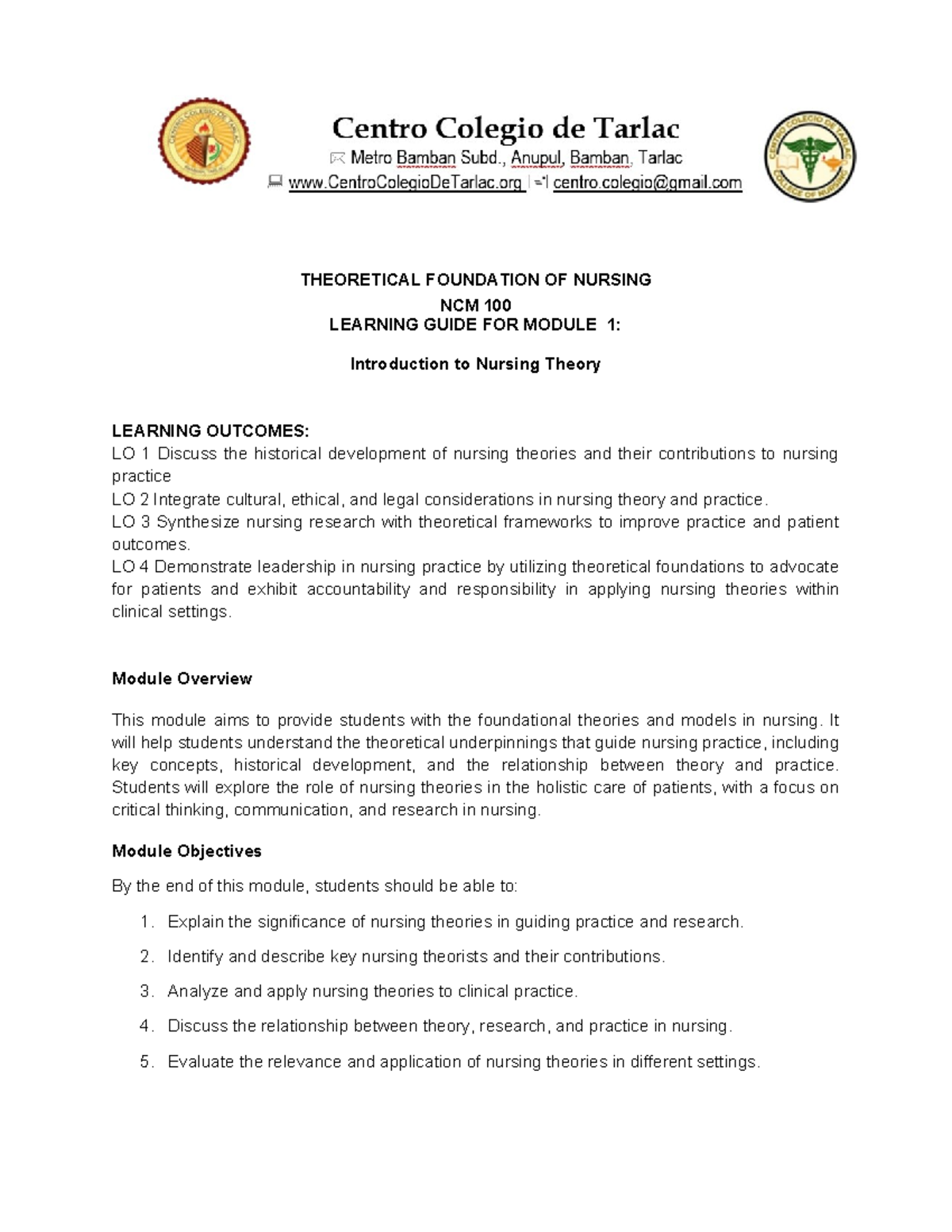 Theoretical Foundations of Nursing NCM 100: Module 1 Learning Guide ...