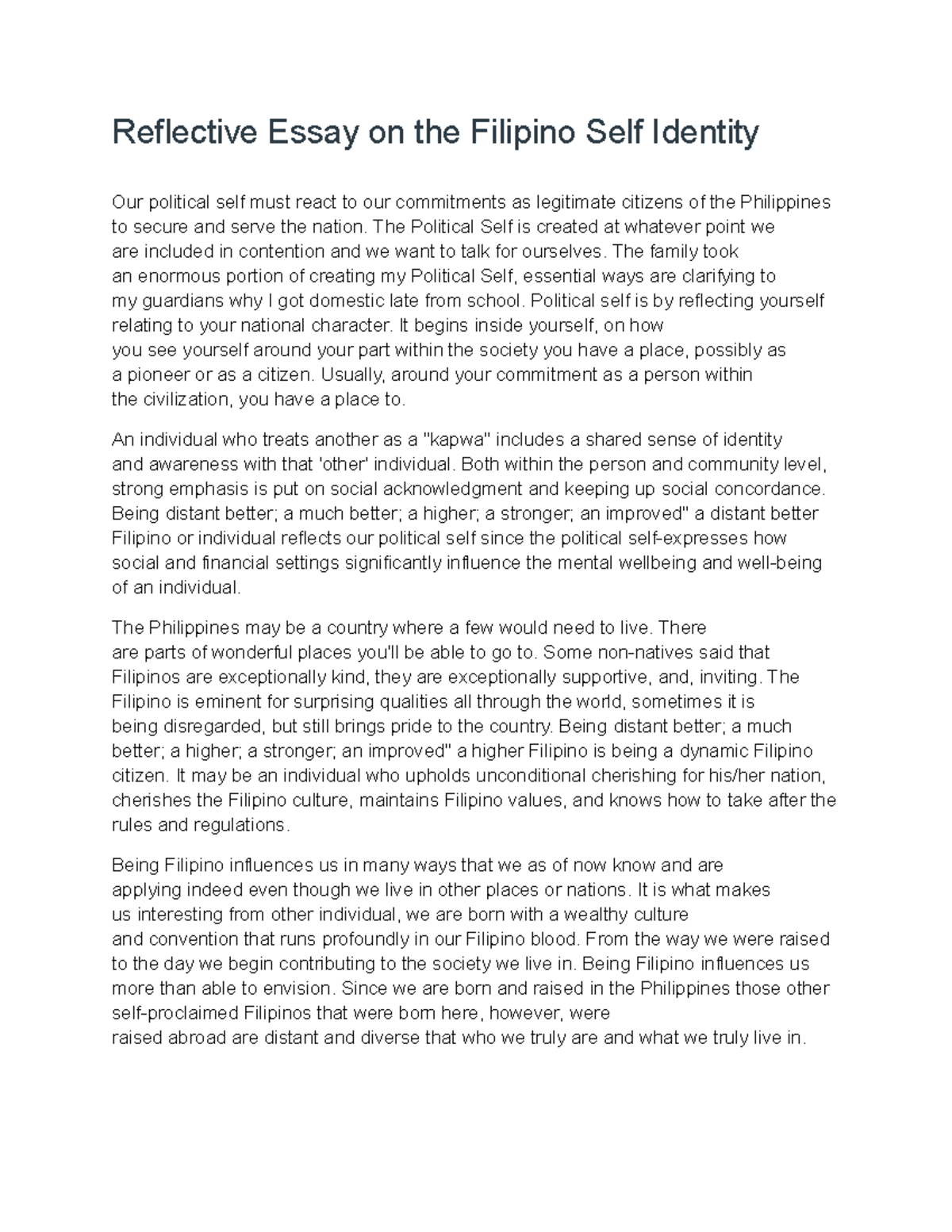 Reflective Essay on the Filipino Self Identity - The Political Self is ...