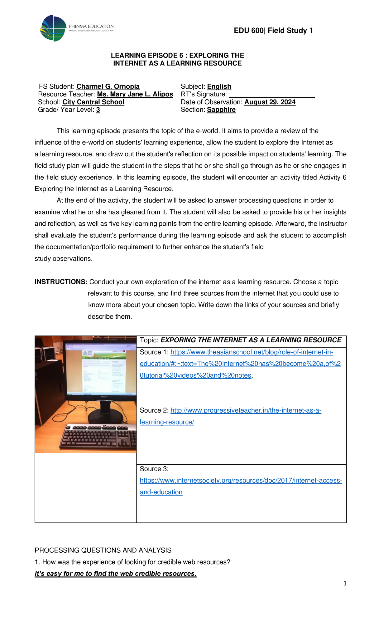 EDU 600 LE 6 - Field Study 1: Exploring the Internet as a Learning Tool ...
