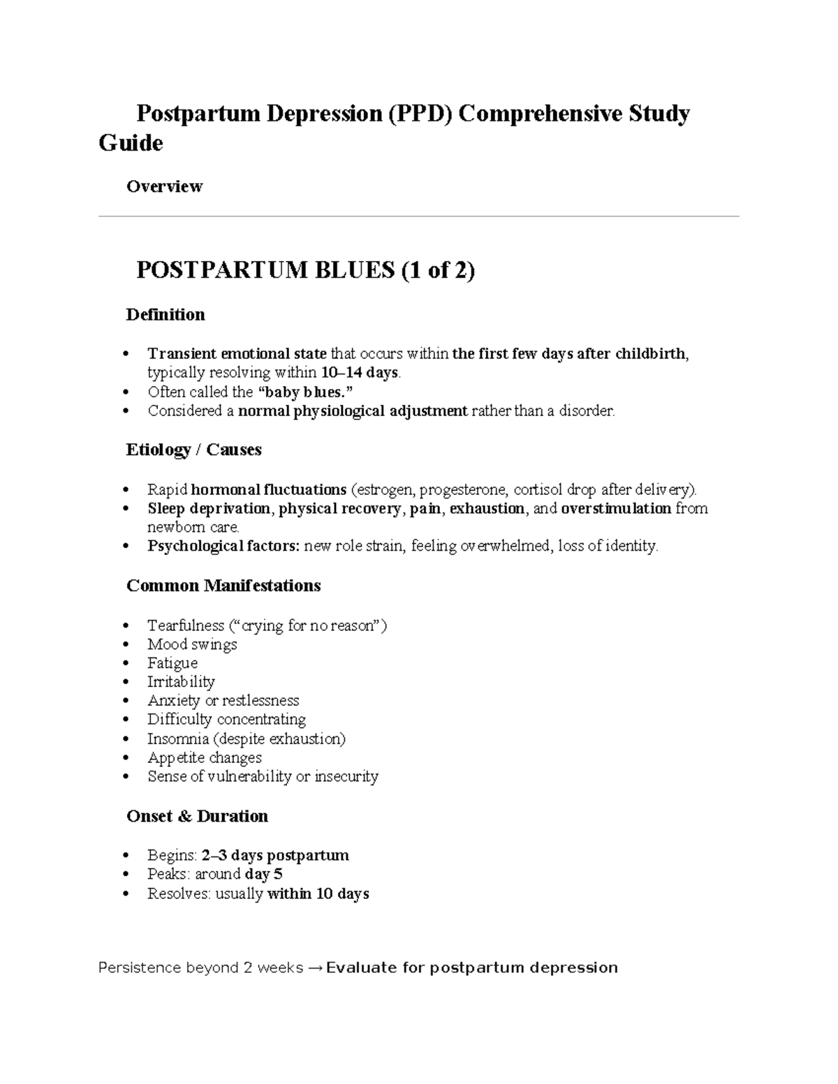 PPD Notes: Comprehensive Study Guide on Postpartum Depression - Studocu
