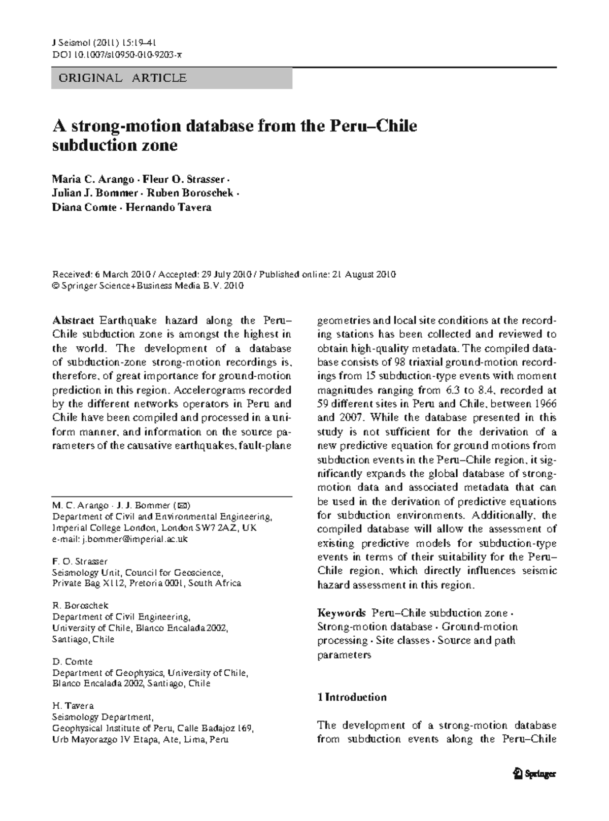 A Strong-Motion Database from the Peru-Chile Subduction Zone (2011 ...