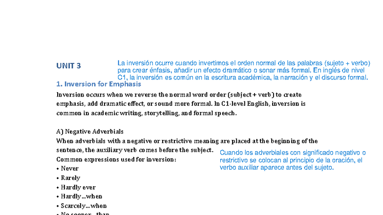 C1 UNIT 3 - Inversión y Adjetivos Gradables en Inglés - Studocu