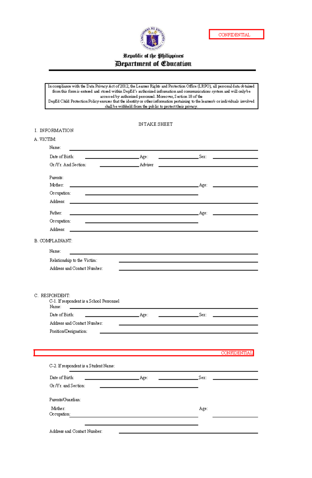 D. DO 40, s. 2012 Annex B: Intake Sheet Forms Compliance Guide - Studocu