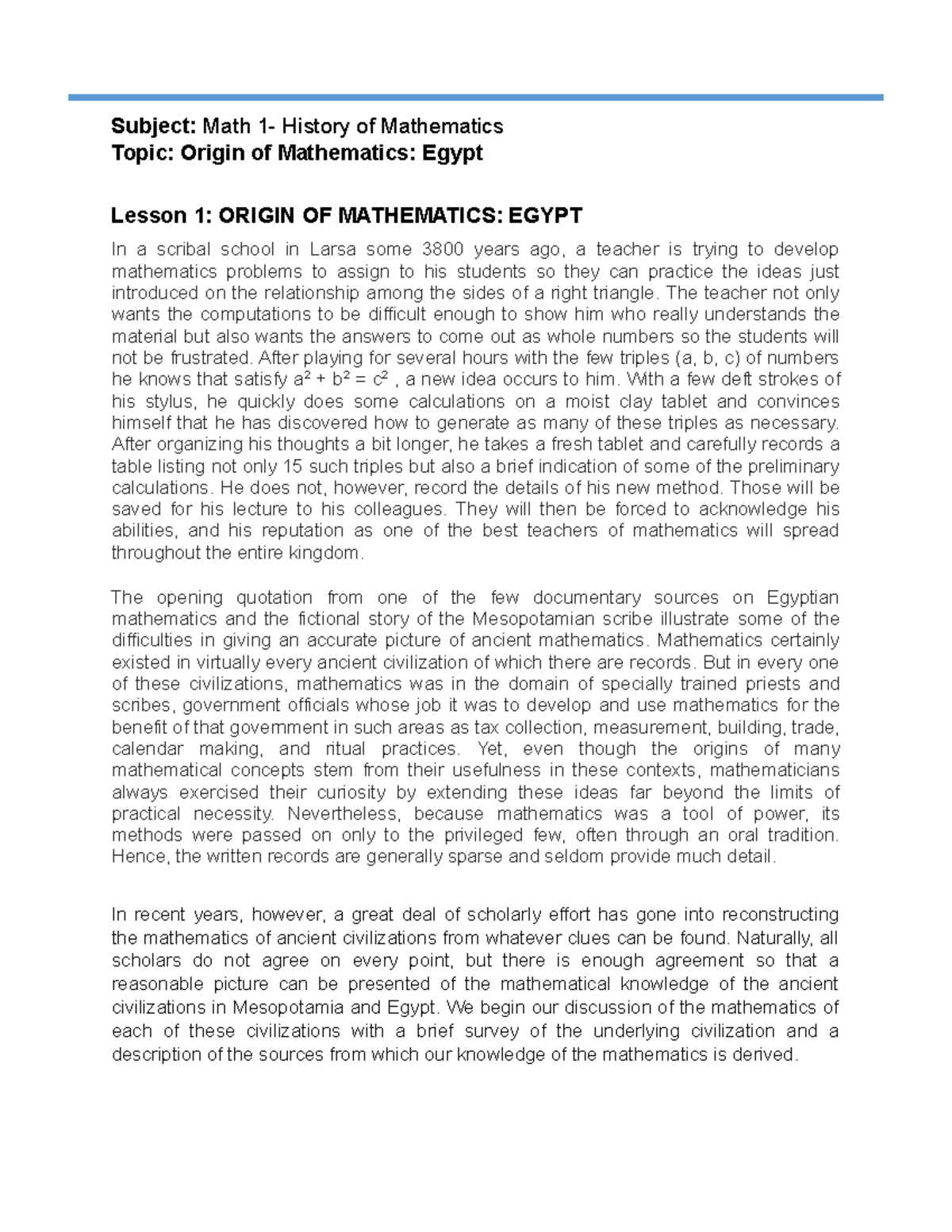 Lesson 1 Origin OF Mathematics Egypt - Subject: Math 1- History of Mathematics Topic: Origin of ...