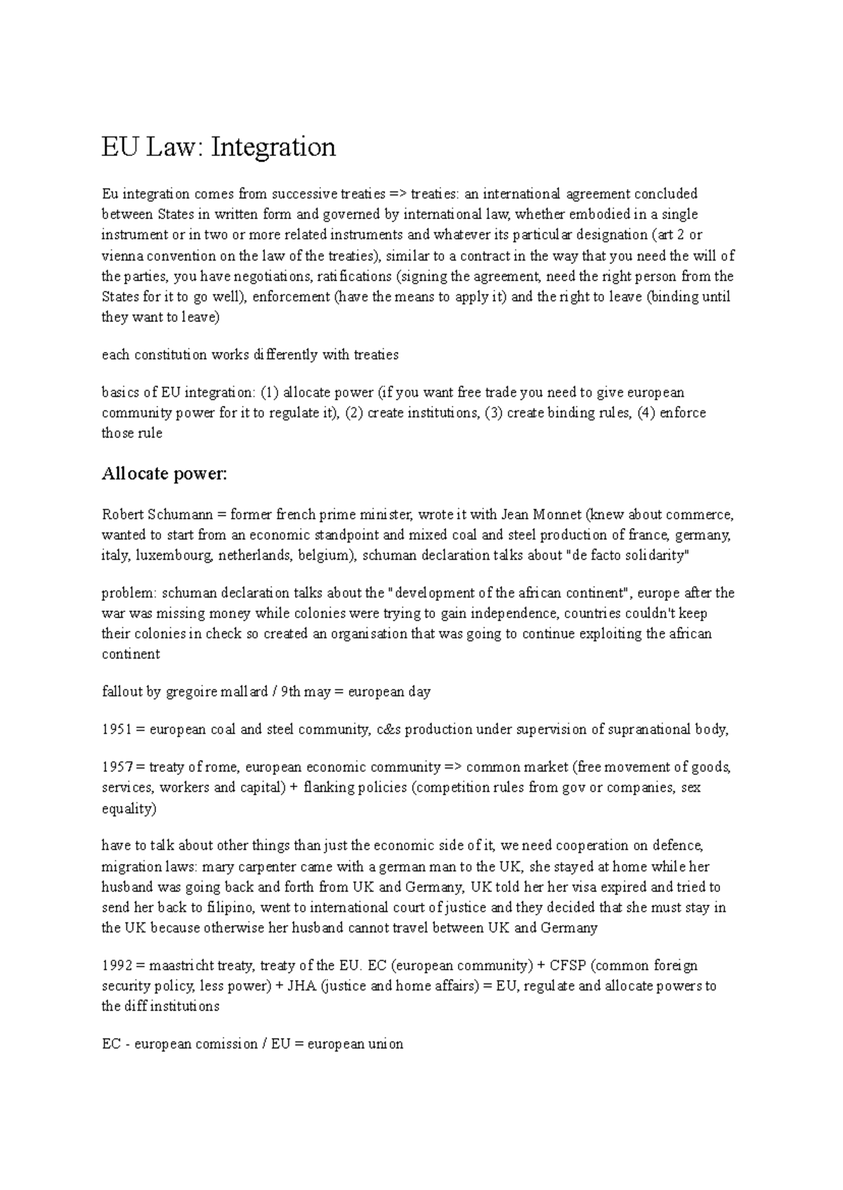 EU Law Revision Sheet: Introduction to EU Integration and Treaties ...