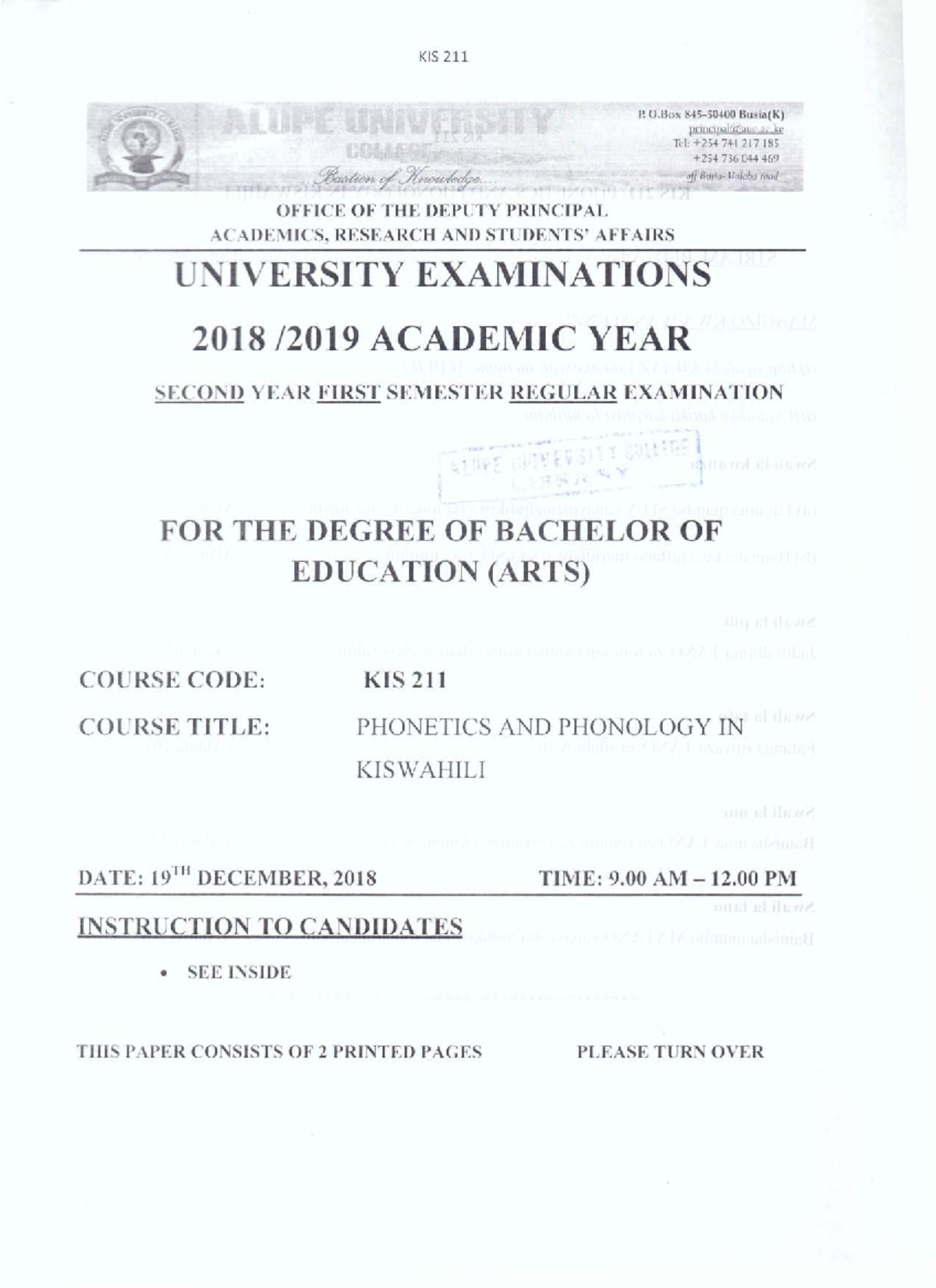 KIS 211 Final Exam: Phonetics and Phonology in Kiswahili - Studocu