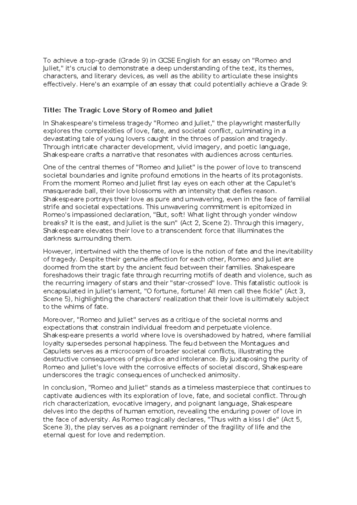GCSE English Grade 9 Essay: Analyzing Romeo and Juliet's Tragedy - Studocu