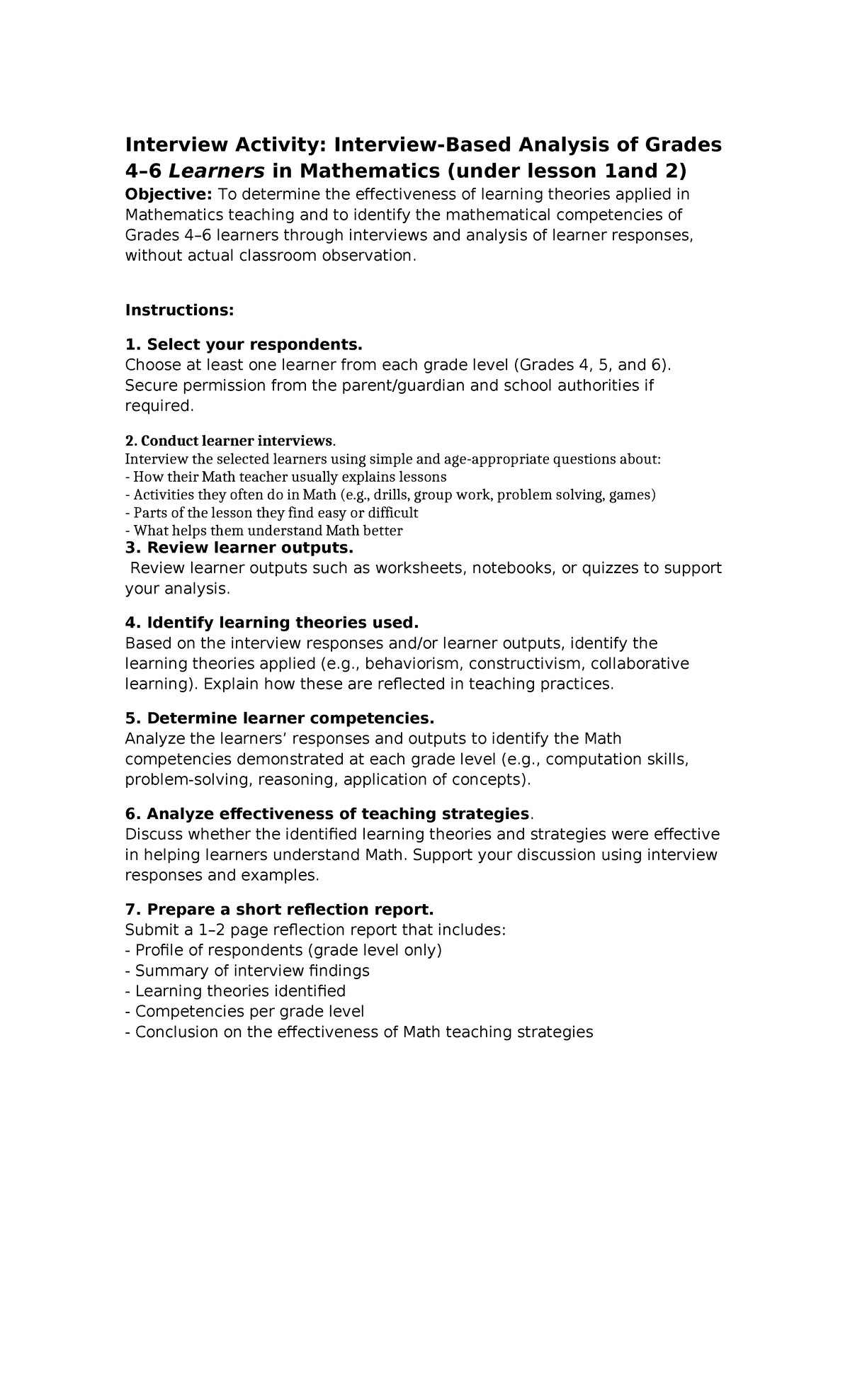 Interview Activity: Analyzing Math Learners' Competencies (Grades 4-6 ...