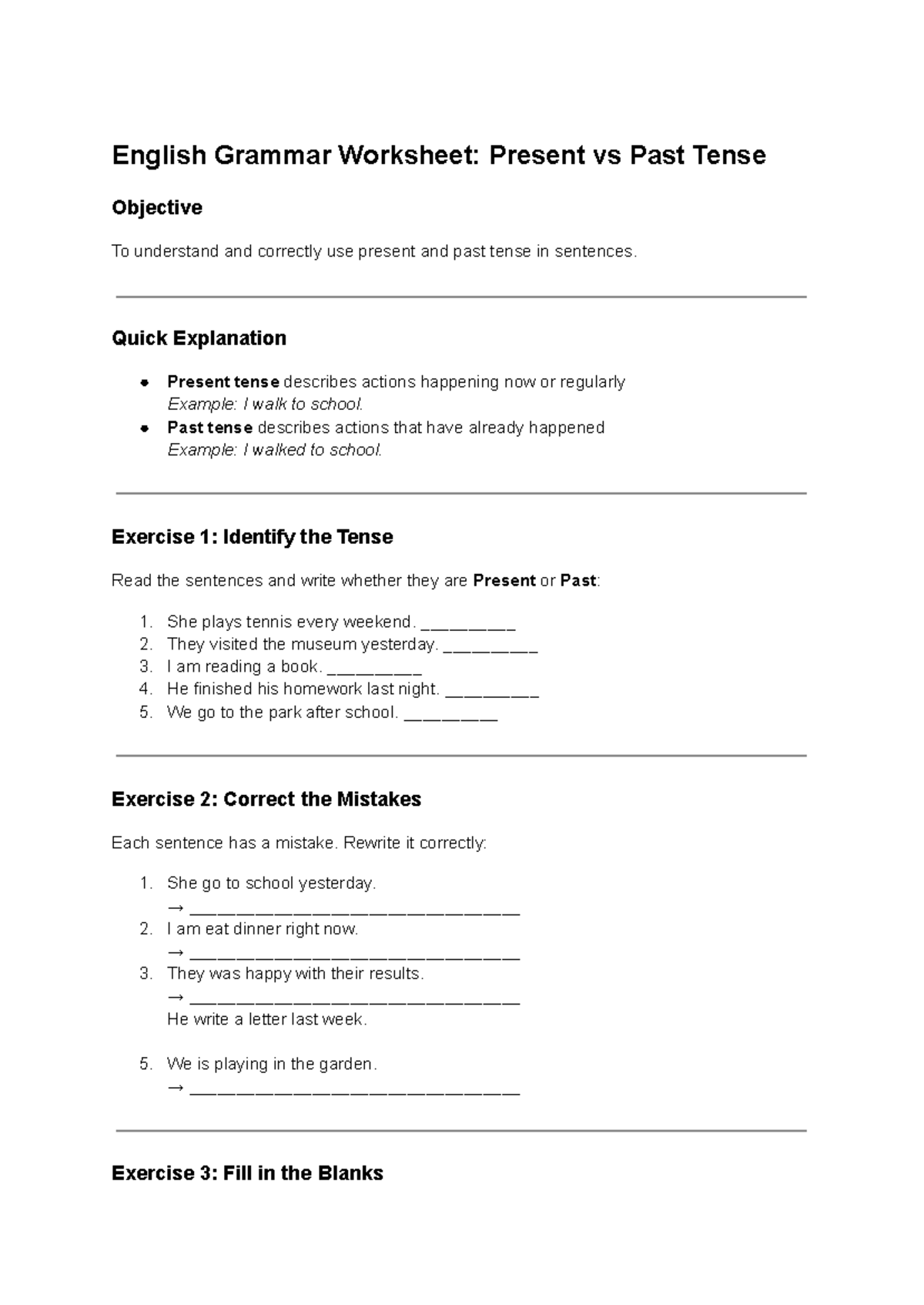 ENG 101: Grammar Worksheet on Present vs Past Tense - Studocu