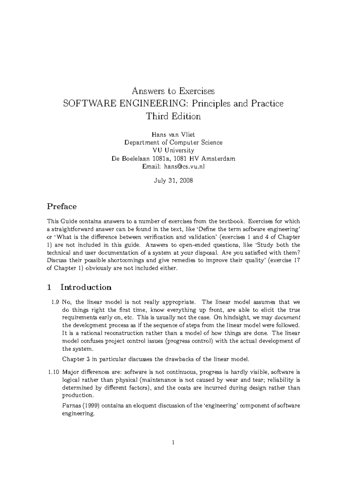 Answers to Exercises: Software Engineering (Principles & Practice ...
